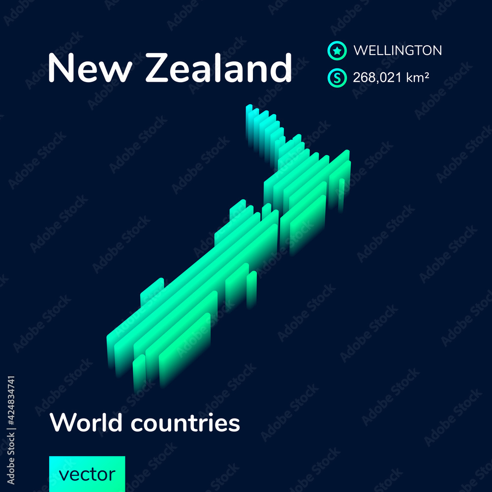 Stylized neon simple digital isometric striped vector New Zealand map ...