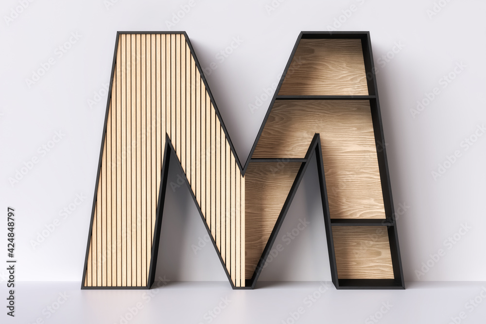 Wood alphabet letter M made of oak wooden slats and planks. Shelving ...