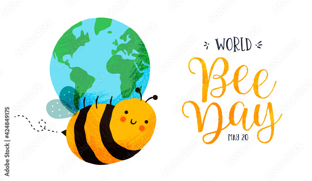 World Bee Day cute planet earth cartoon banner Stock Vector | Adobe Stock