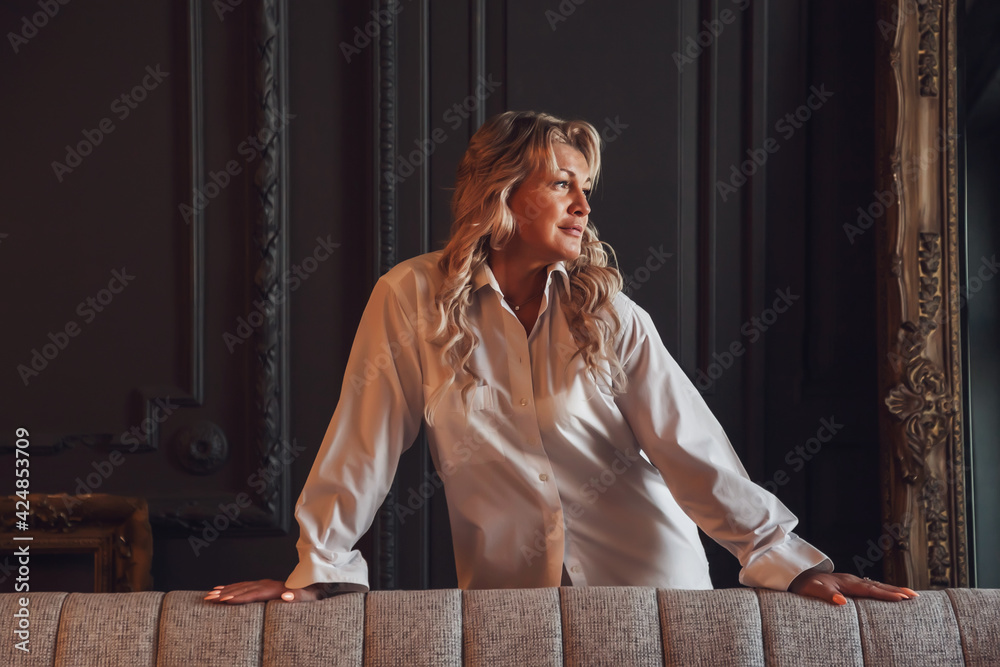Portrait Photo Cute Middle Aged 45 Years Old Blonde Woman In Domestic