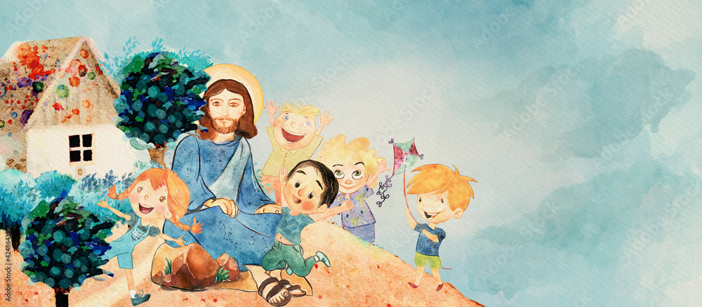 Jesus and children. Christian background for children, watercolor Stock ...