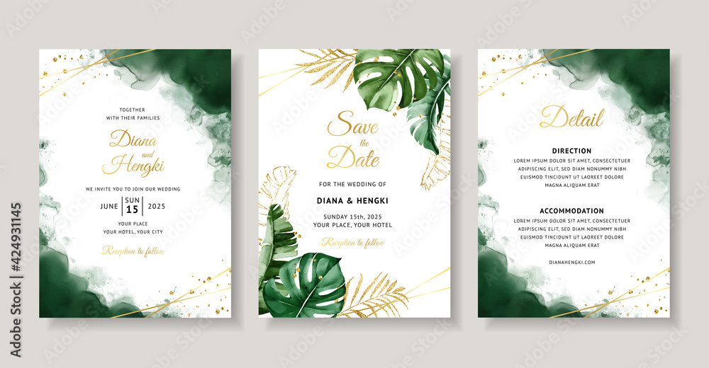 Elegant green tropical watercolor wedding invitation card template ...
