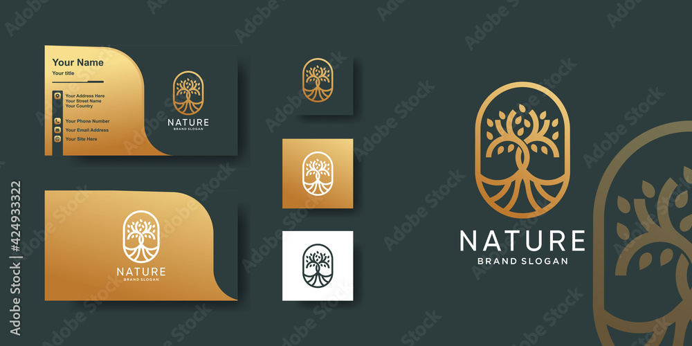 Nature logo template with creative golden line art concept and business ...