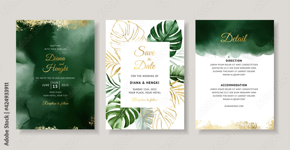 Elegant green tropical watercolor wedding invitation card template ...
