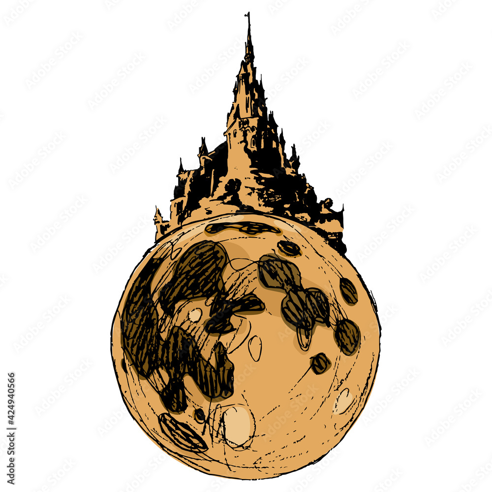 Fantastic medieval castle built on full moon. Creative surreal concept ...