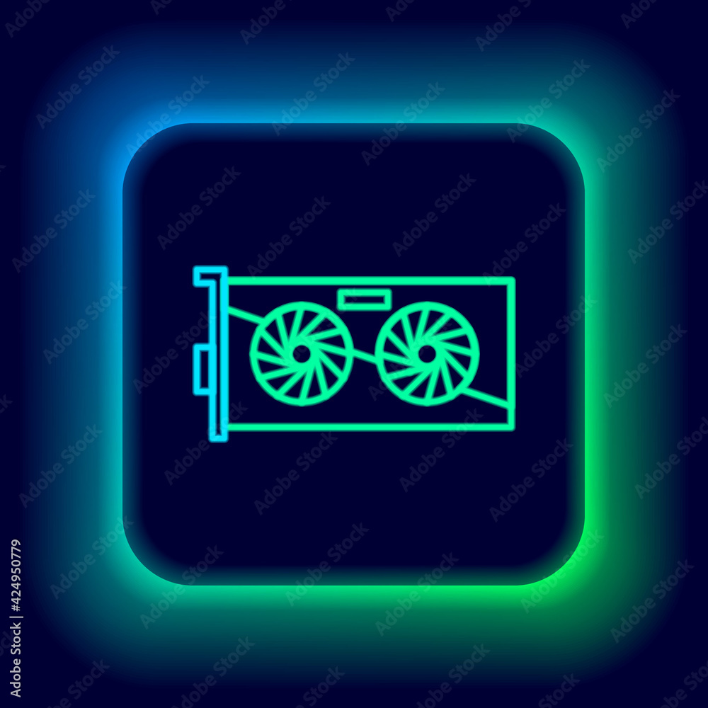 Glowing neon line Video graphic card icon isolated on black background ...