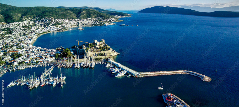 Amazing panoramic view from drone of Bodrum harbour and ancient Kalesi ...