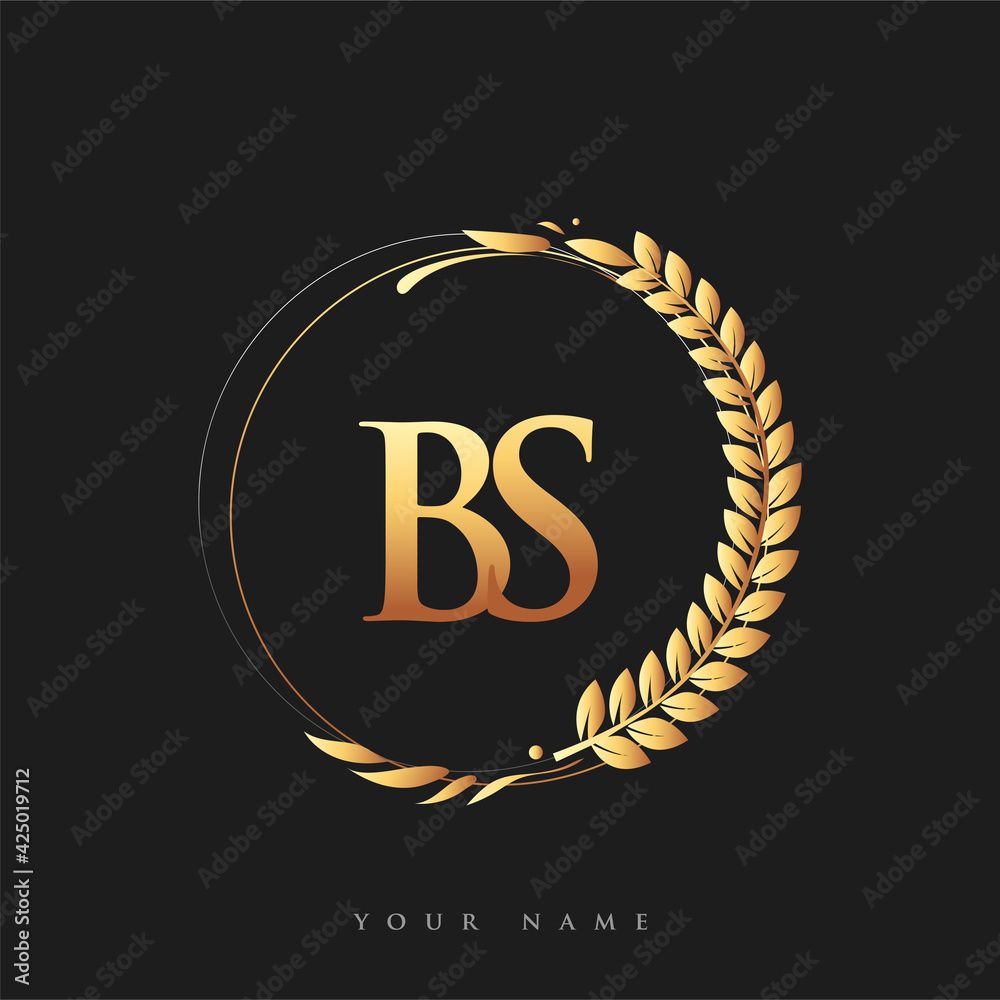 Initial logo letter BS with golden color with laurel and wreath, vector ...