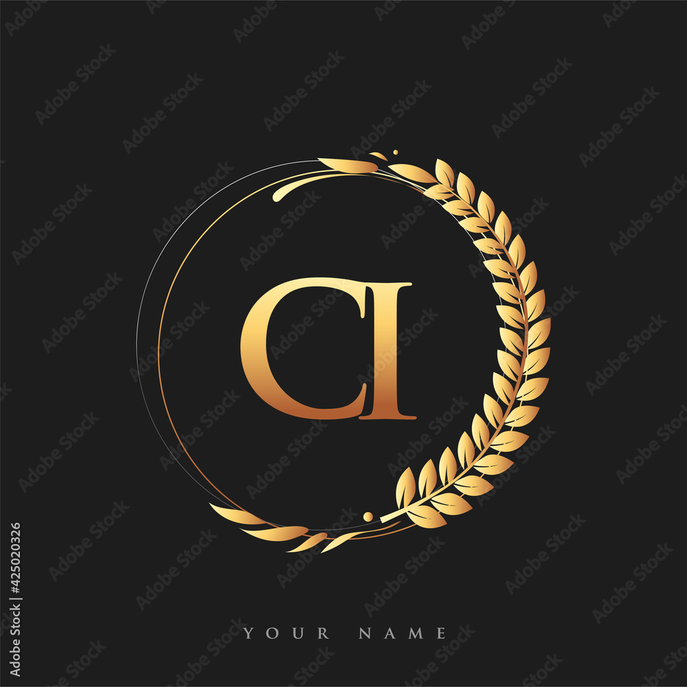 Initial logo letter CI with golden color with laurel and wreath, vector ...