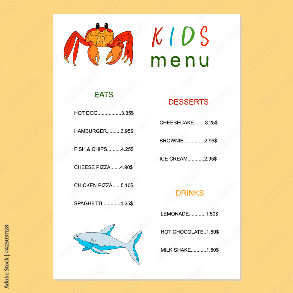 Design of the kids menu in the marine style. White background. Hand ...