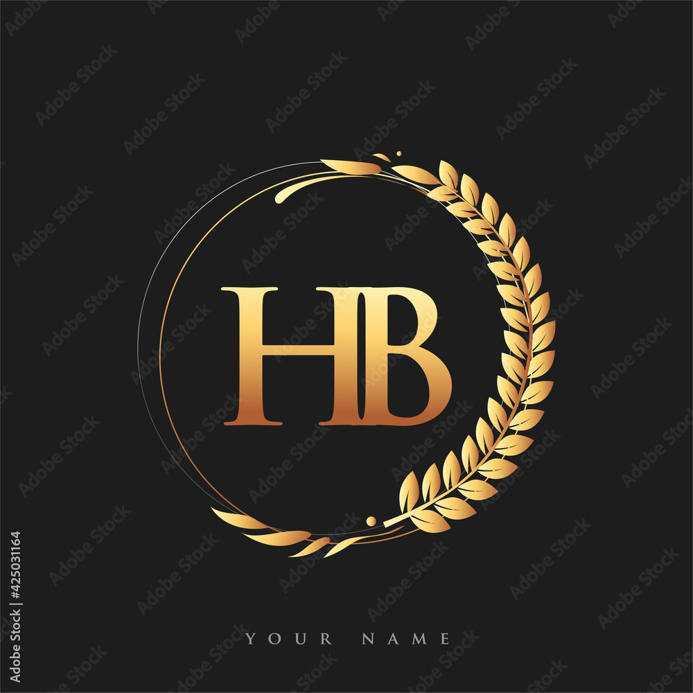 Initial logo letter HB with golden color with laurel and wreath, vector ...