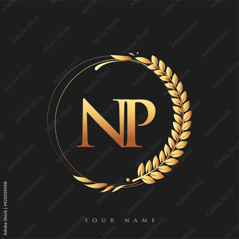 Initial logo letter NP with golden color with laurel and wreath, vector ...