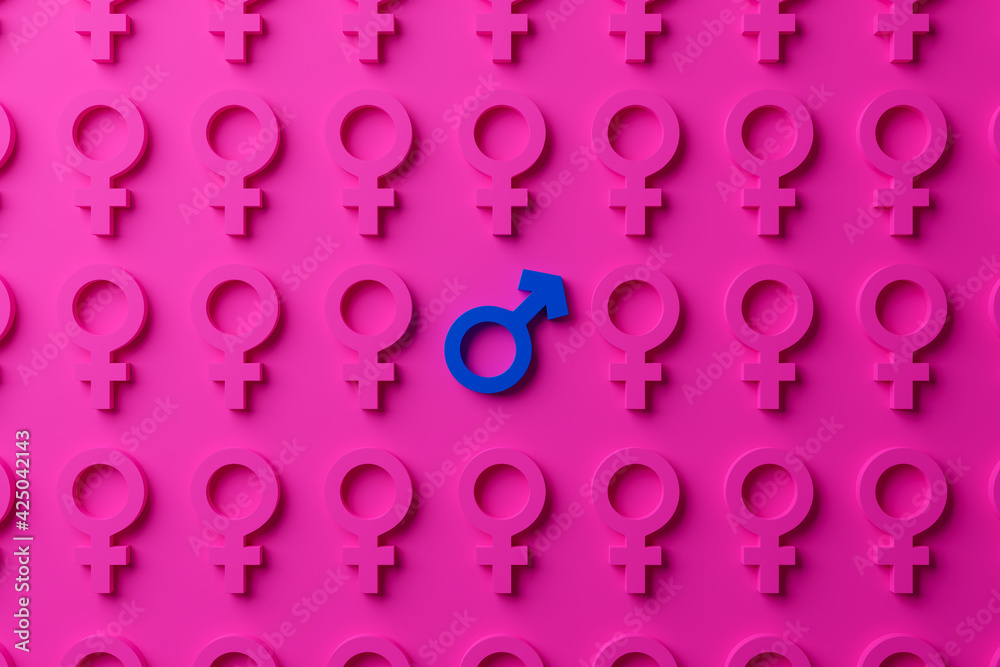 Male gender symbol surrounded by female gender symbols on a pink ...