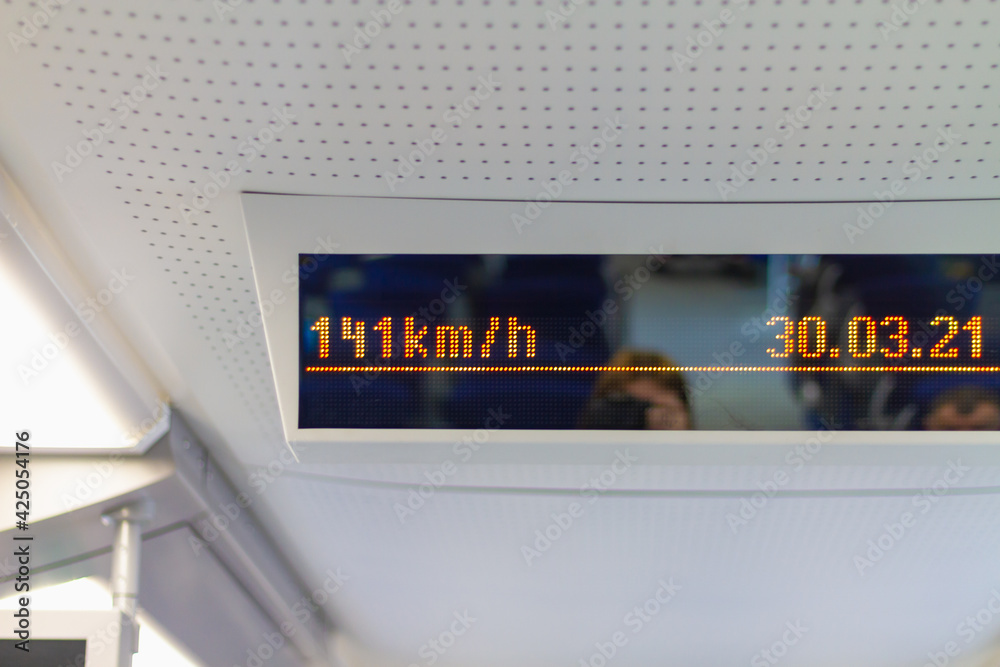 Scoreboard in a high-speed train with a train speed of 140 km h Stock ...