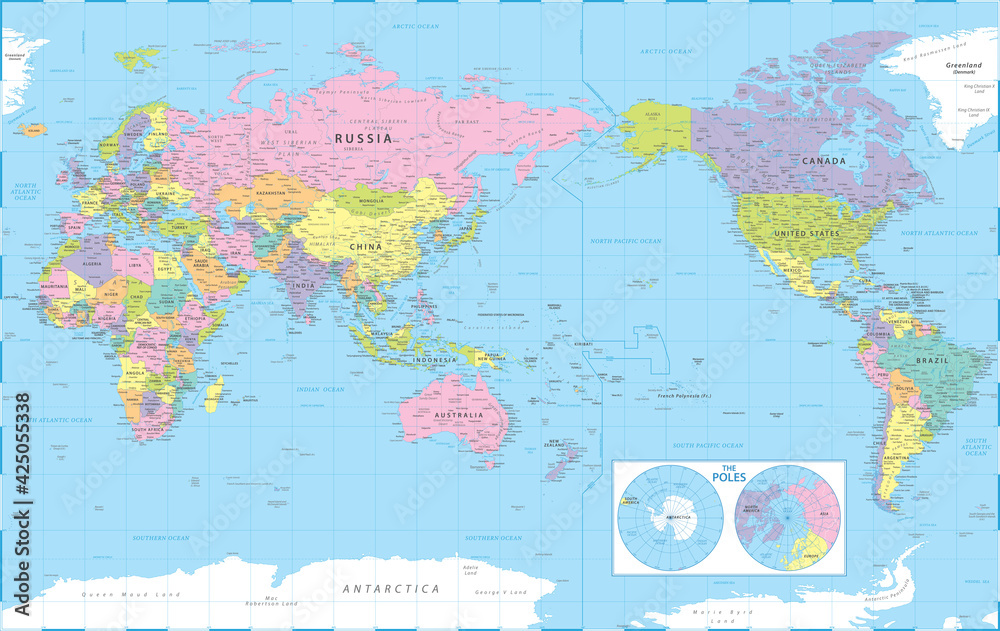 World Map - Pacific View - Asia China Center - The Poles - Political ...