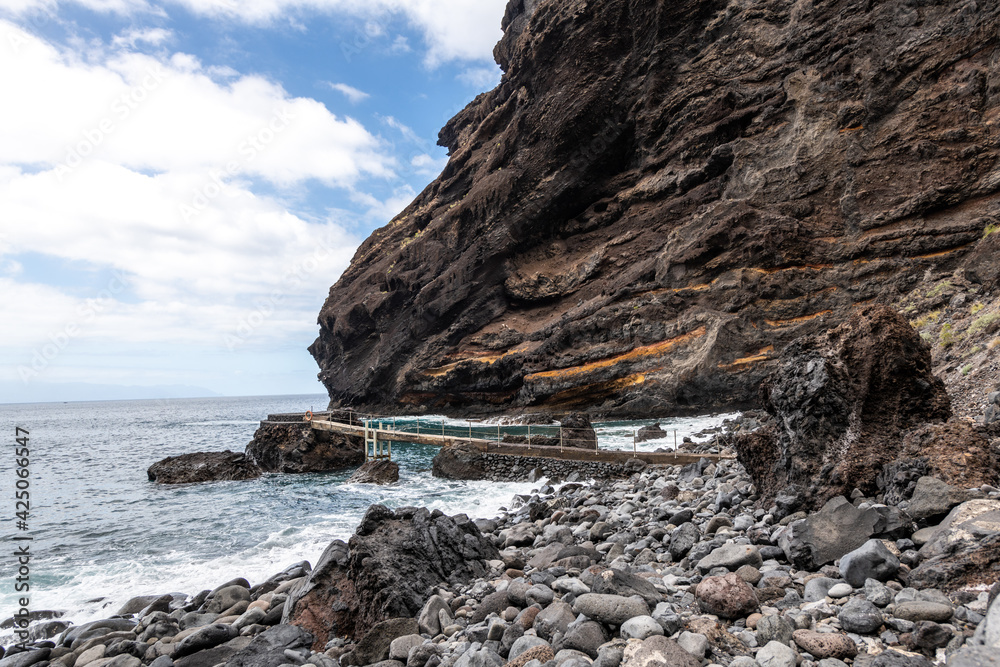 Masca beach at the end of Masca Gorge. Masca Gorge is a narrow valley ...