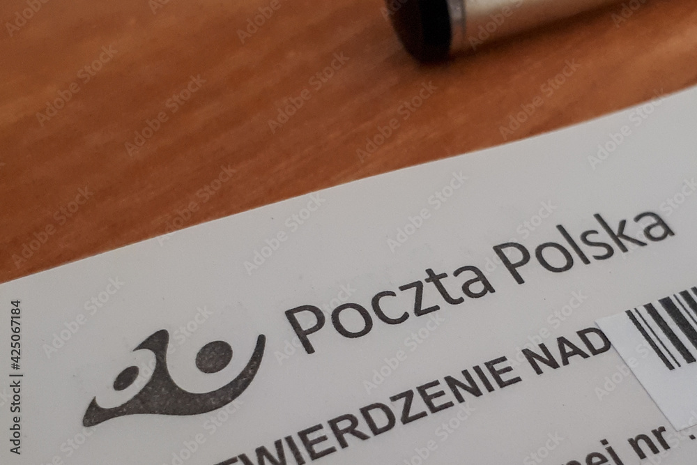 Logo of the Polish post office. Form with confirmation of posting a ...