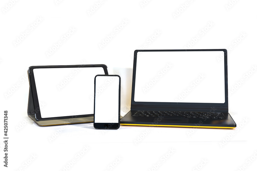 laptop and phone and tablet on a white background and with a white ...