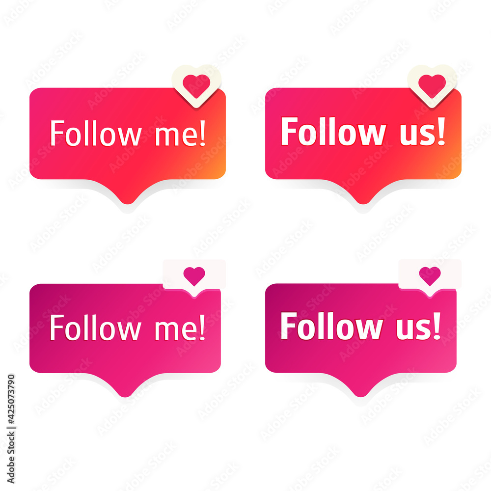 Set of buttons. Follow me. Follow us. Four buttons with hearts on white ...