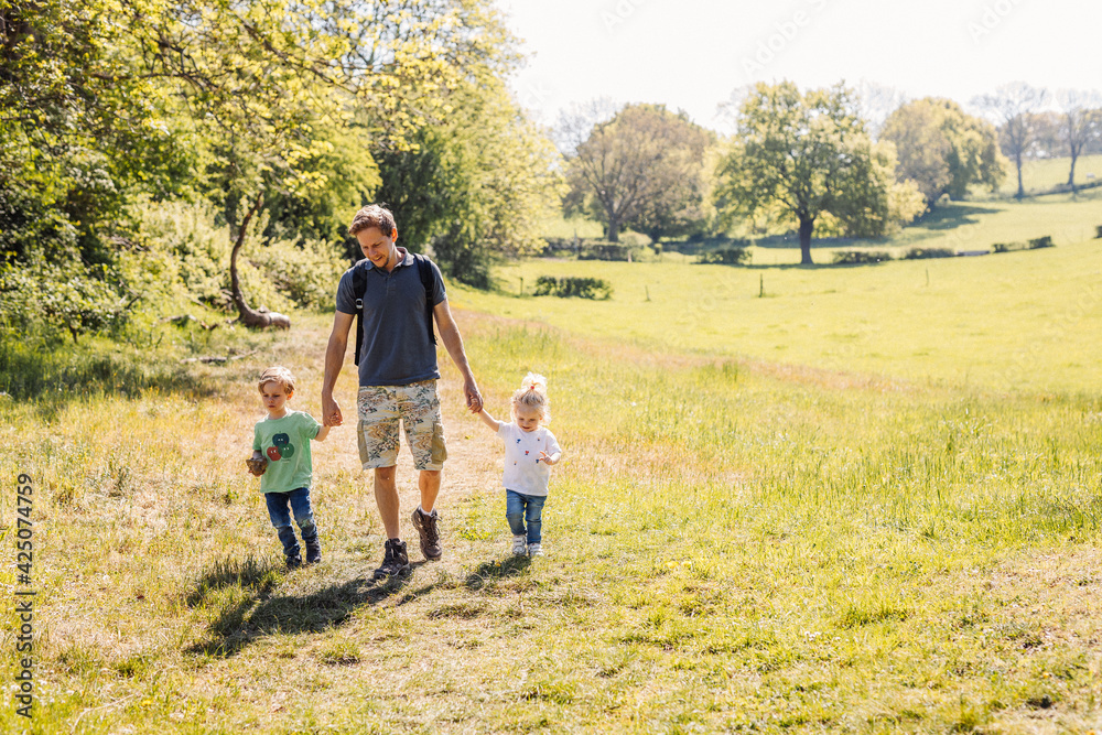 Papa se balade main dans la main avec ses deux enfants à la campagne ...