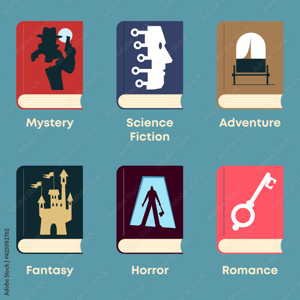 List of fiction genres. Set of books with themed covers: mystery ...