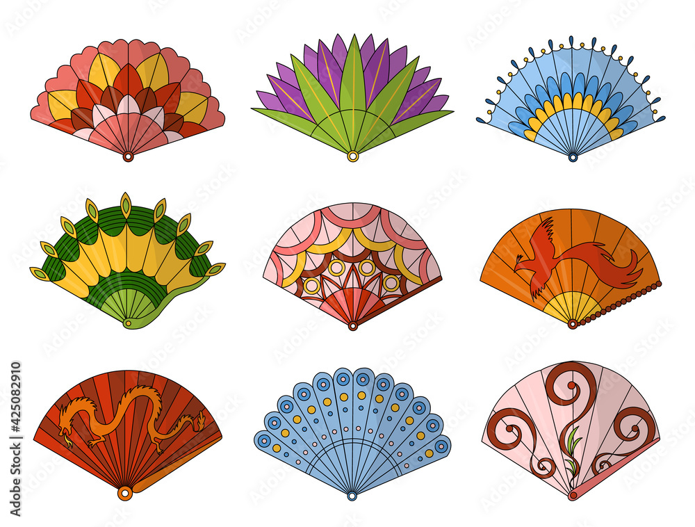 Asian fans. Colored hand traditional fan set isolated on white ...