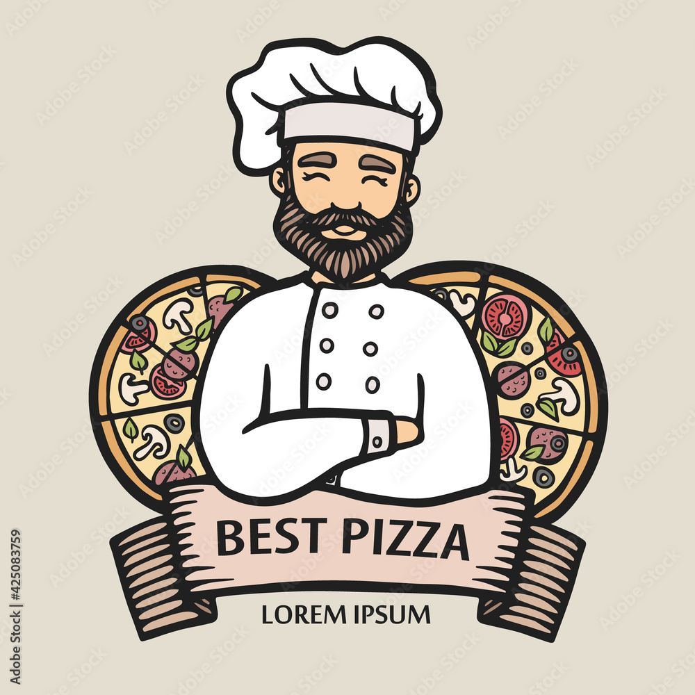 Pizza logo. Hand-drawn hipster chef with italian pizzas with ribbon ...