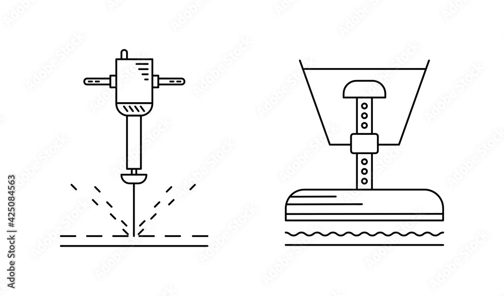 Ground boring and groundbreaking machine icon set. Civil engineering ...