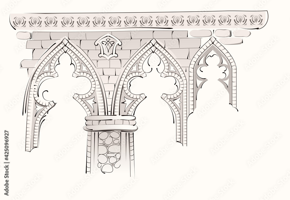 Fantasy drawing of old stone wall. Ruined knight castle with stained ...