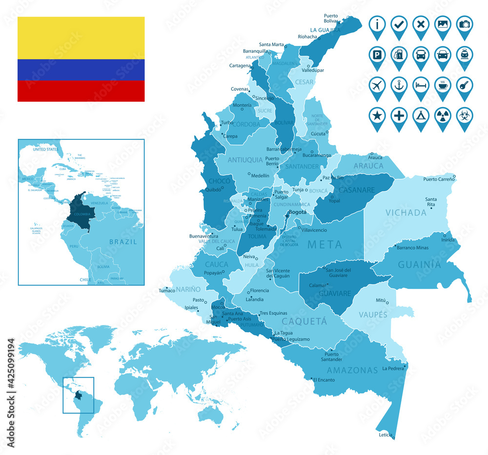Colombia detailed administrative blue map with country flag and ...