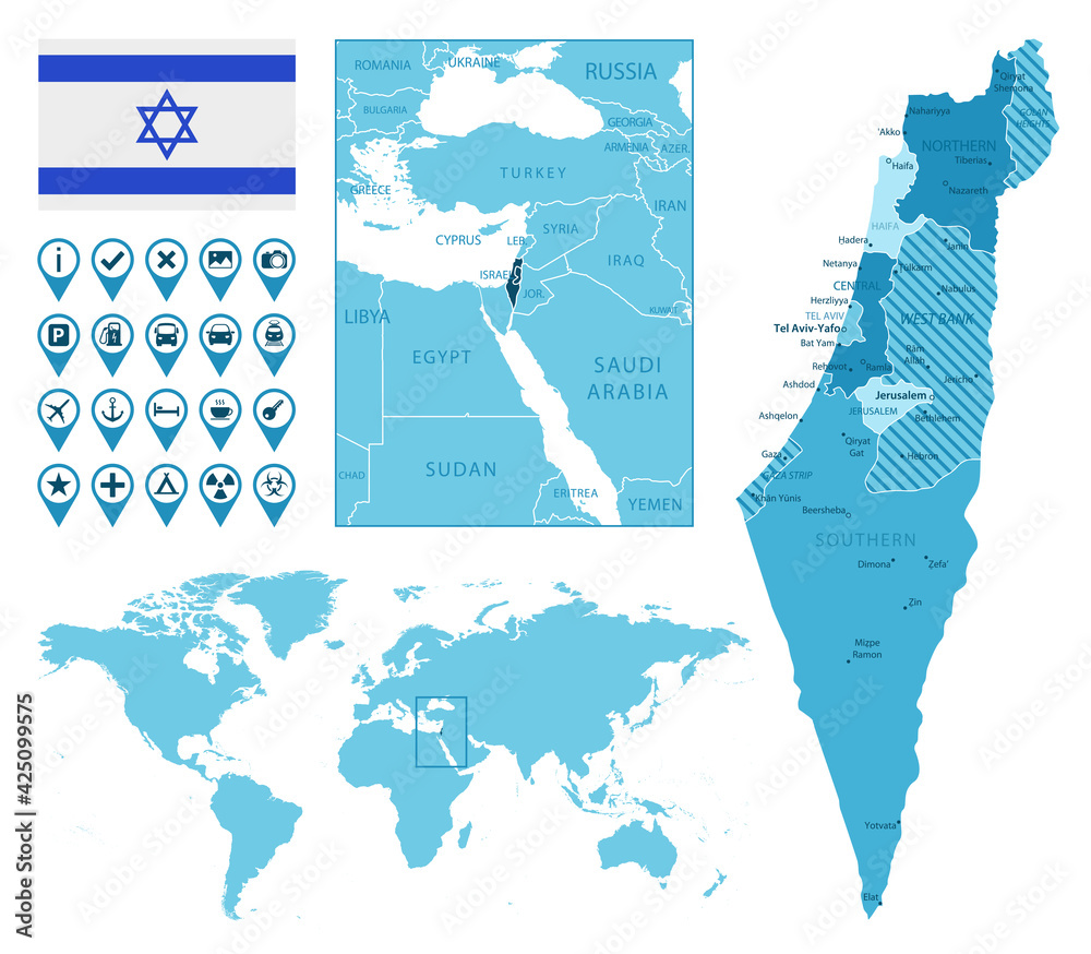 Israel detailed administrative blue map with country flag and location ...