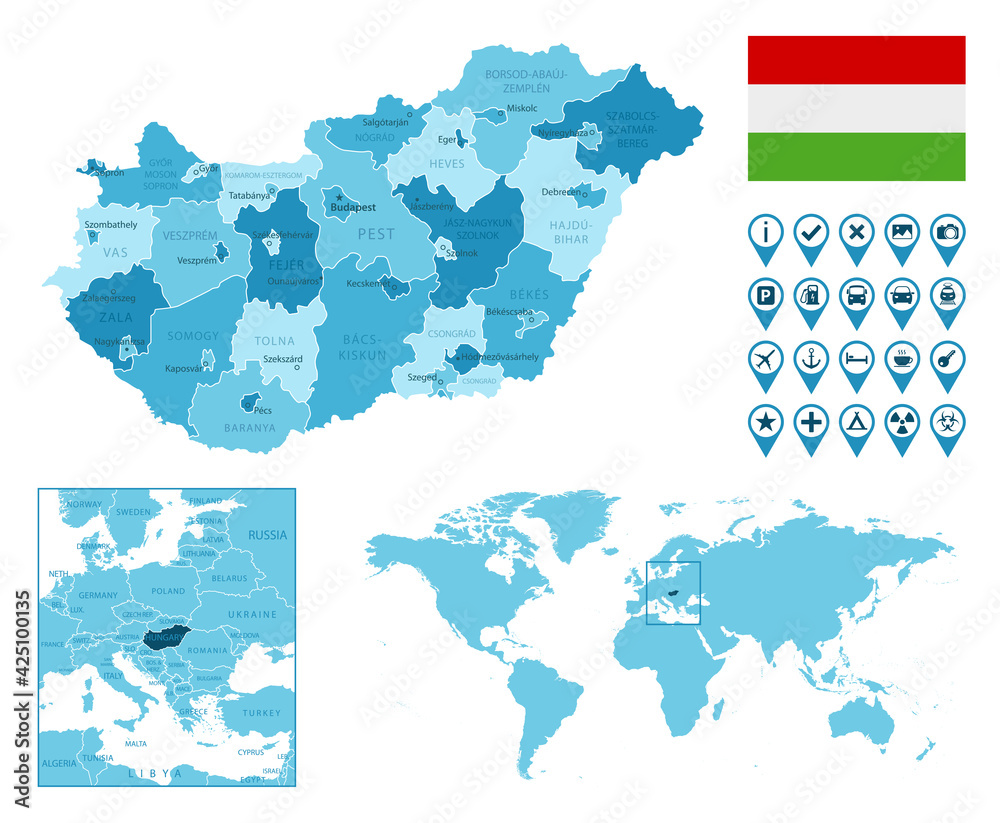 Hungary detailed administrative blue map with country flag and location ...