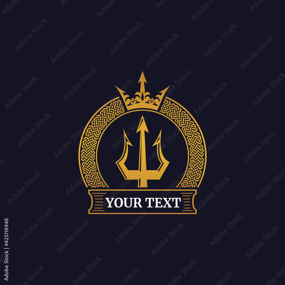 Golden trident badge with crown. Illustration of a trident emblem with ...