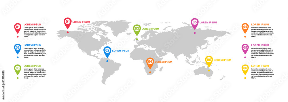 Modern infographic tempalte with world map icon. Point location for ...