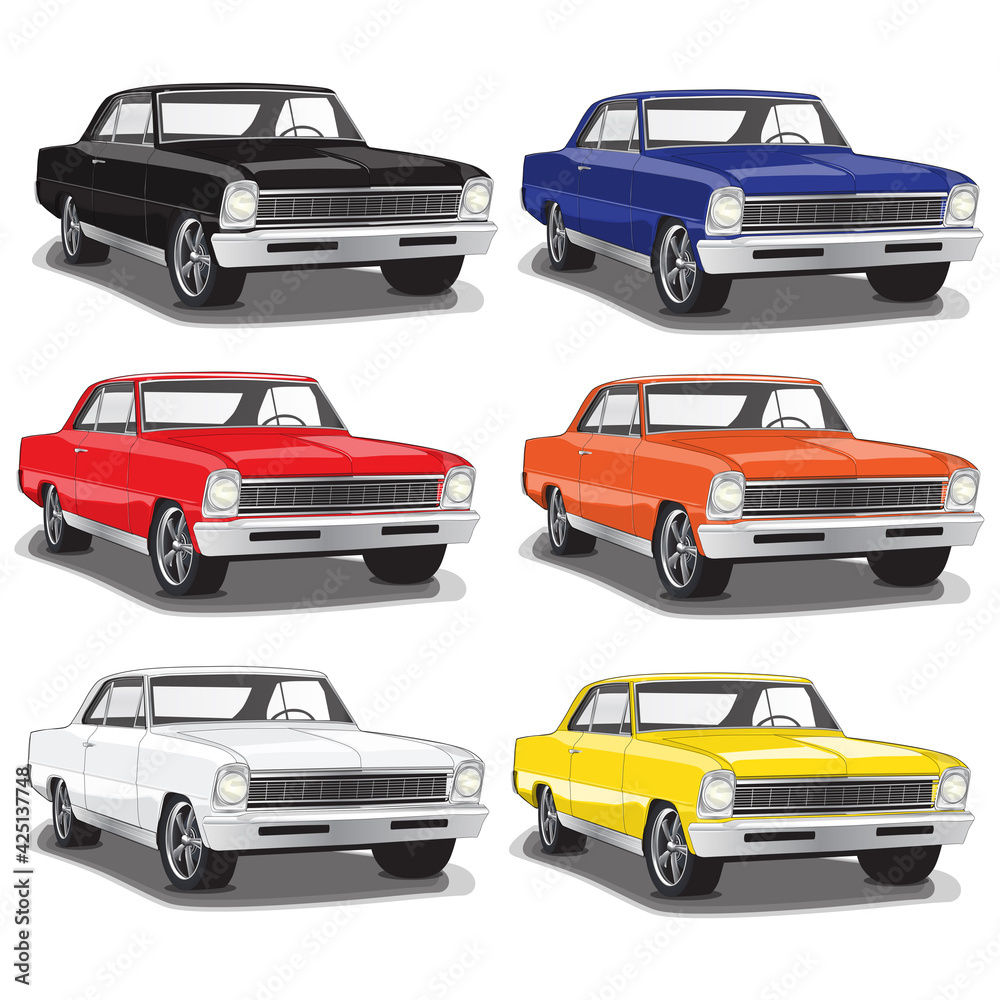 60s' Classic Vintage Muscle Car Vector Illustrations Set of 6 different ...