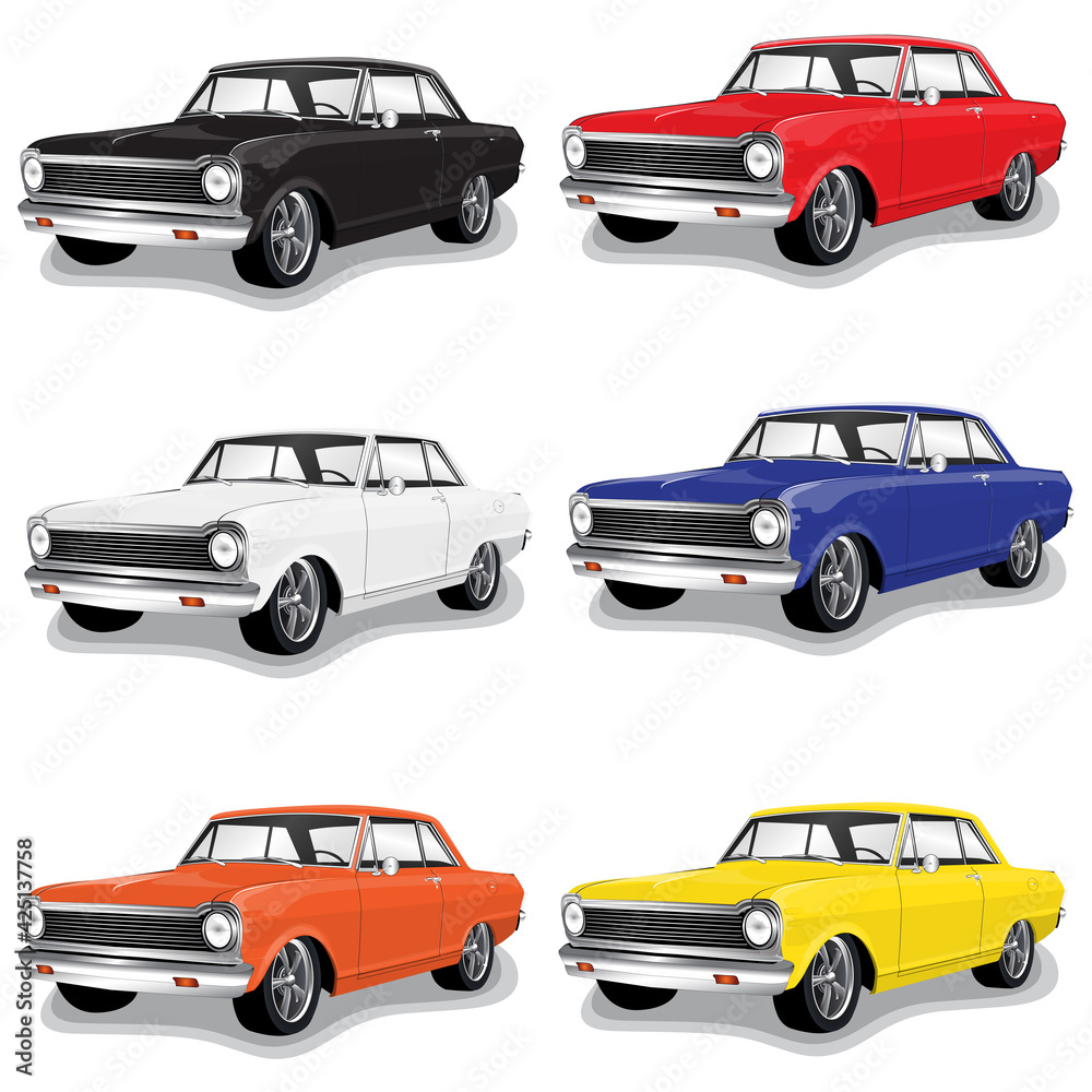 60s' Classic Vintage Muscle Car Vector Illustrations Set of 6 different ...