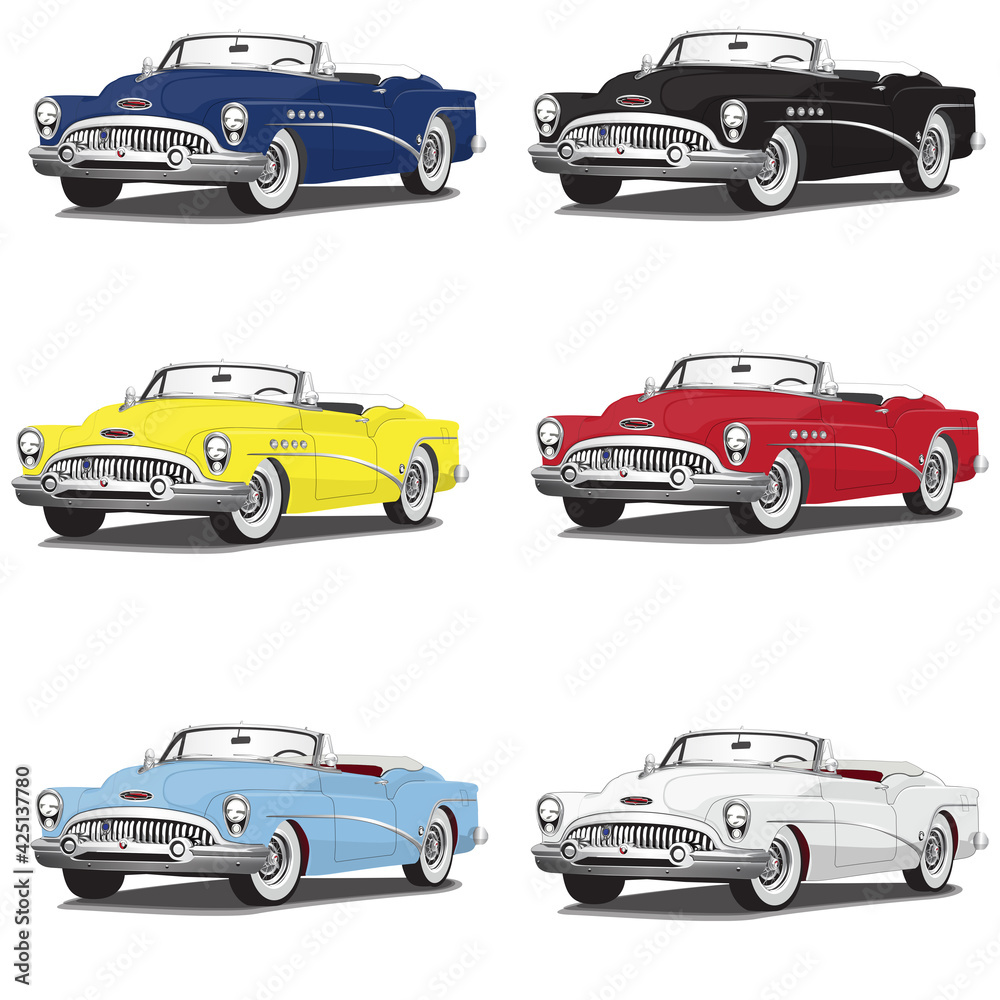 50s' Classic Vintage Muscle Car Vector Illustrations Set of 6 different ...
