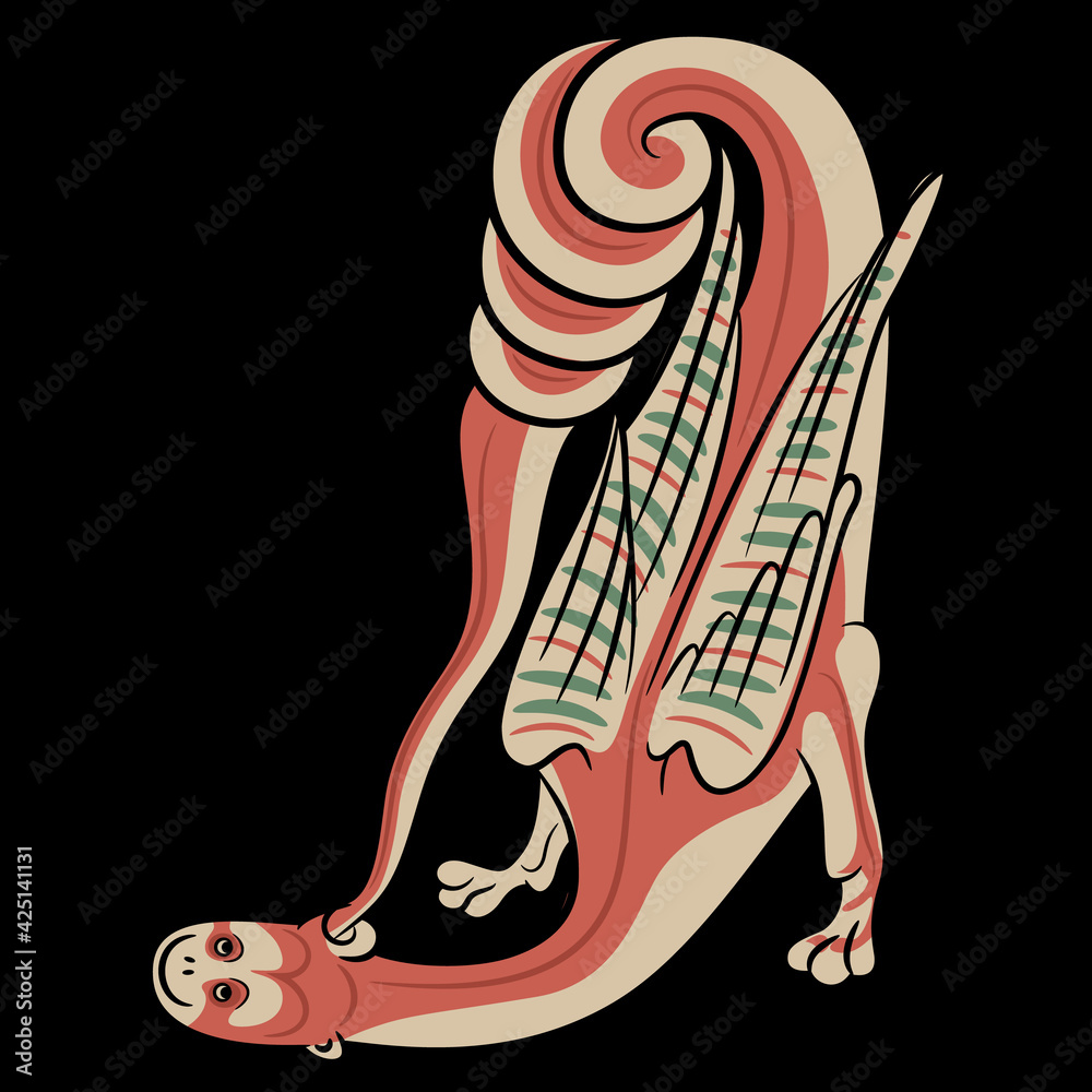Funny medieval dragon. Winged serpent Aspid covering its ear with his ...