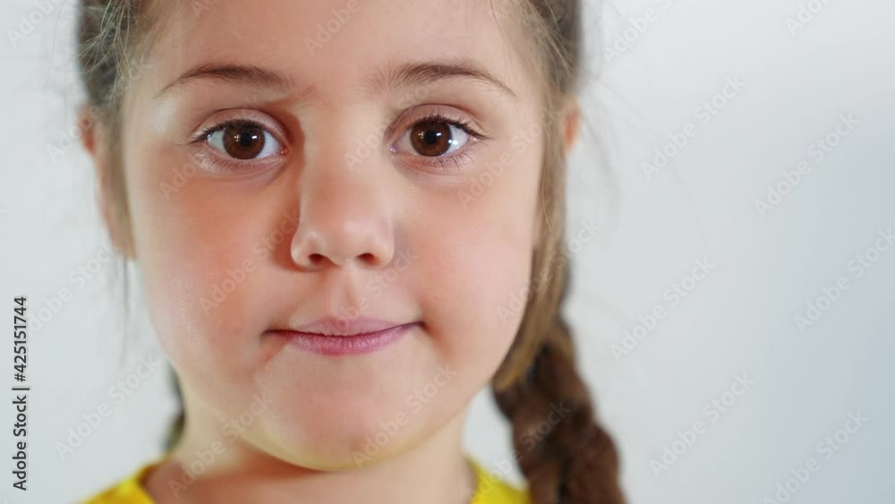 kid girl face portrait. happy family a close-up home kid dream concept ...