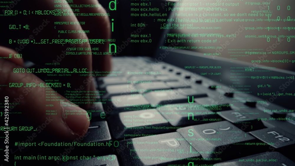 Creative visual of computer programming coding and software development shown by man working on ...