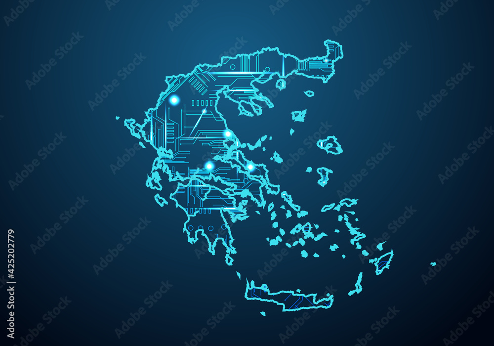Abstract futuristic map of greece.Circuit Board Design Electric of the ...