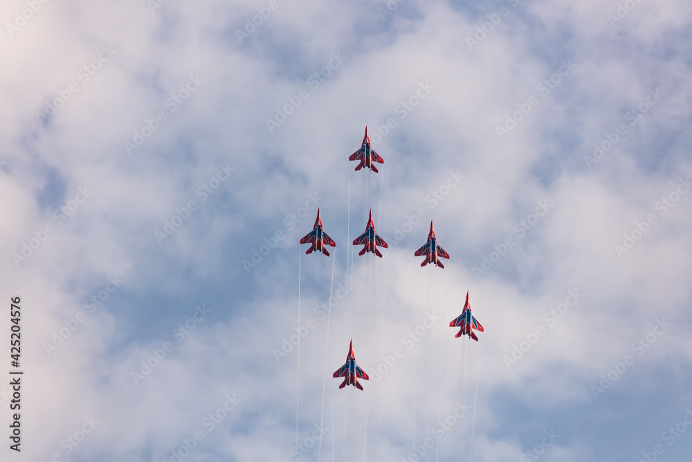 MIG-29 fighter jet squadron flying during aeroshow Stock Photo | Adobe ...