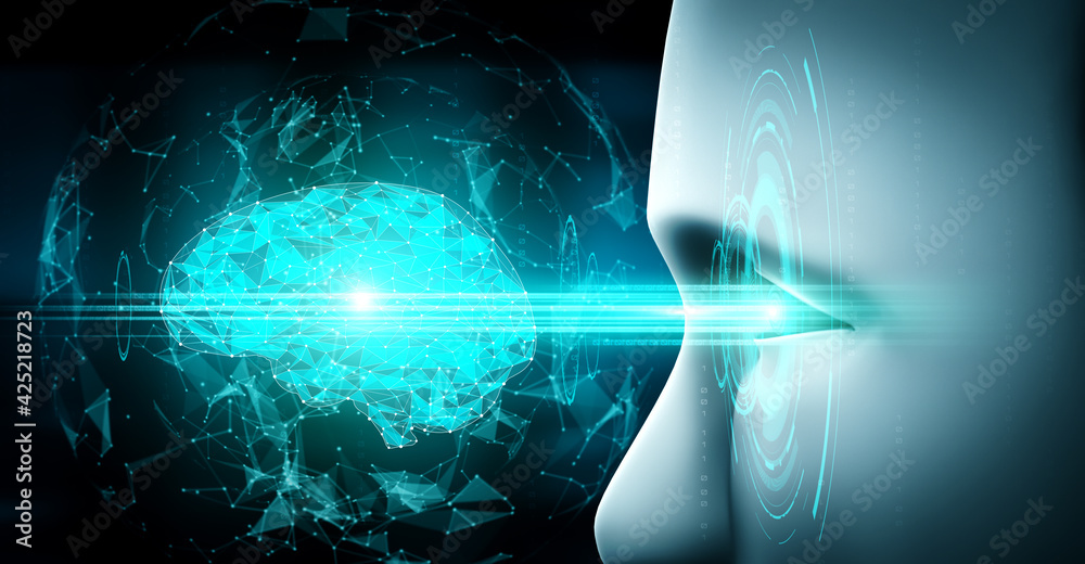 Robot humanoid face close up with graphic concept of AI thinking brain ...