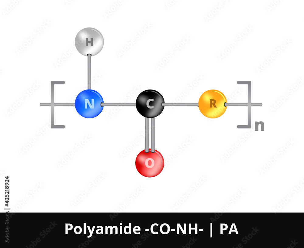 Vector ball-and-stick model of thermoplastic polymer polyamide or nylon ...