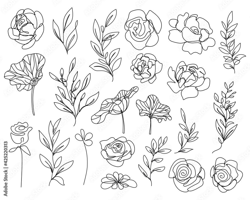 Continuous Line Drawing Set Of Simple Flowers and Leaves Black Sketch ...