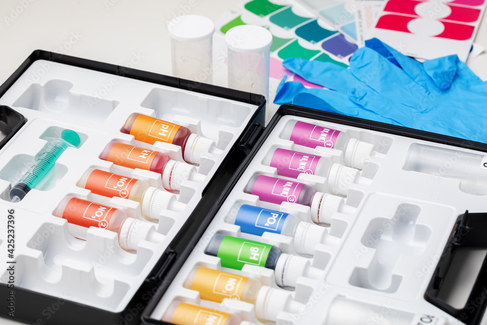 Poster set of chemical tests for water with reagents, care and ...
