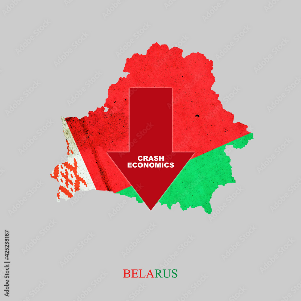 Crash Economics, Belarus. Red down arrow on the map of Belarus ...