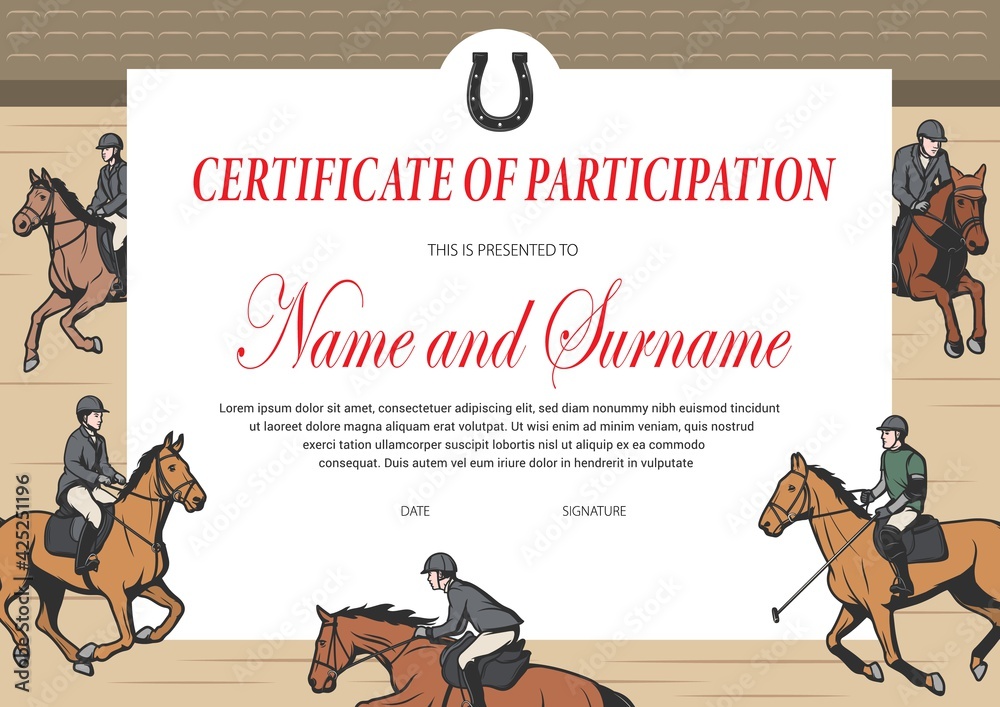 Certificate of participation in horse race, winner diploma vector ...