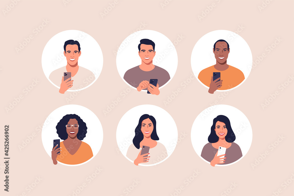 Avatar profile picture icon set including male and female with mobile ...