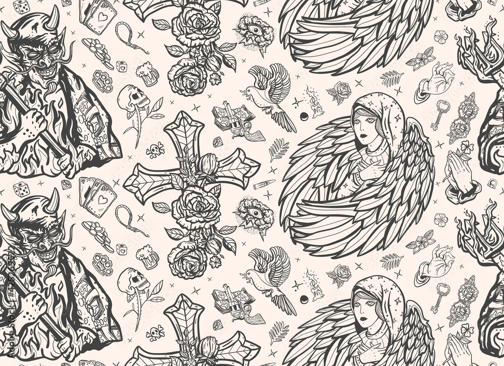 Angel and devil seamless pattern. Good and evil. Old school tattoo ...